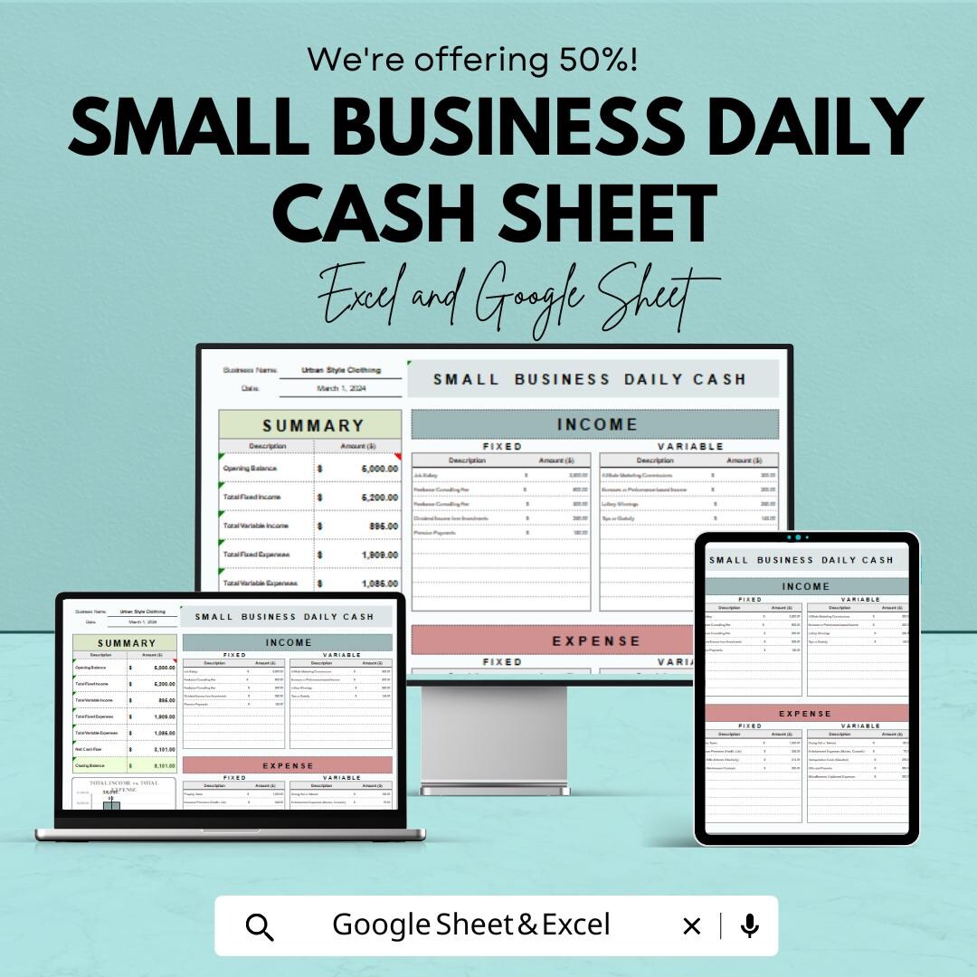 Small Business Daily Cash Sheet | Google Sheet and Excel Template ...