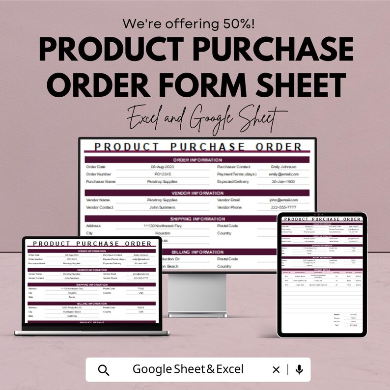Product Purchase Order Form Template – Excel and Google Sheets – Manage ...