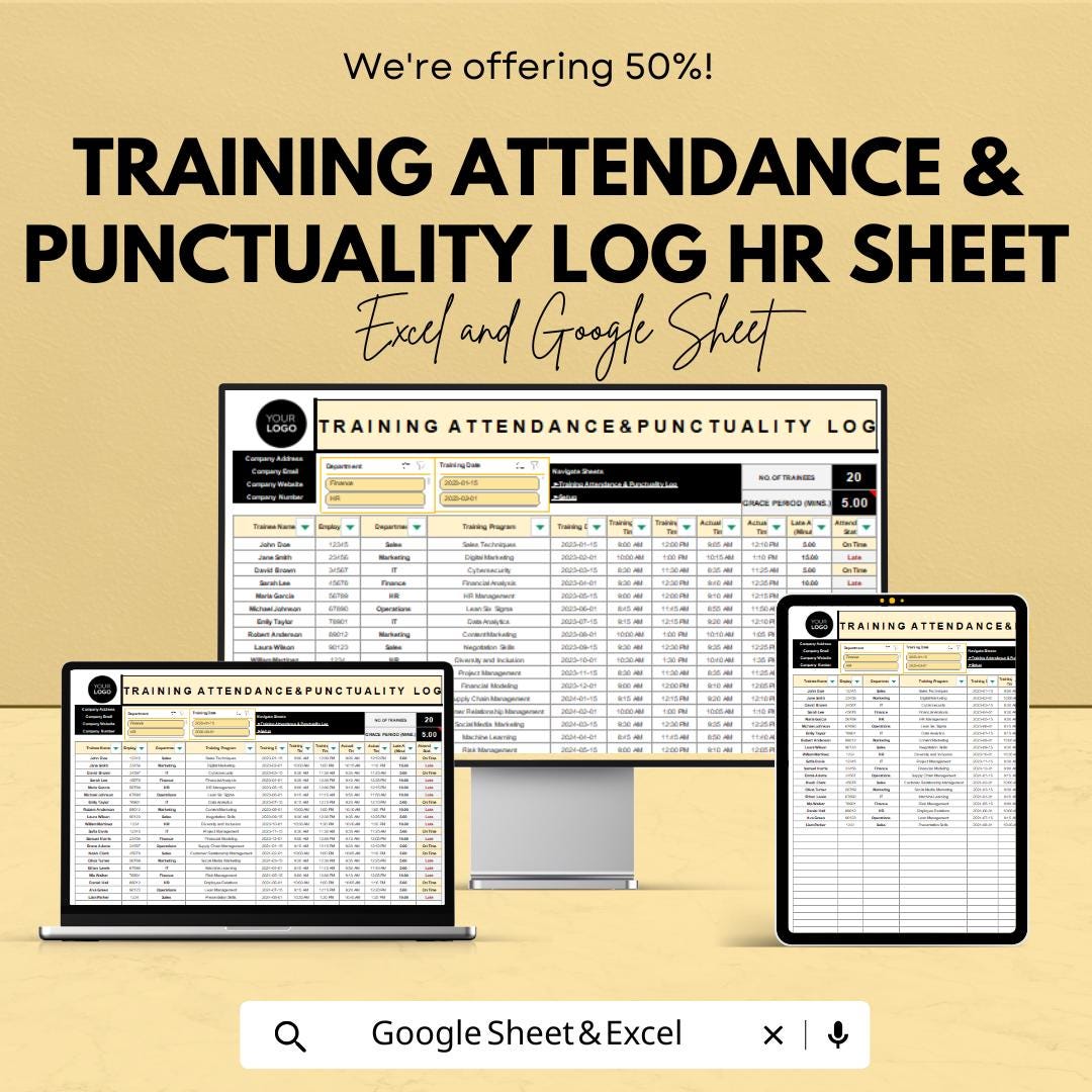Training Attendance & Punctuality Log HR Sheet | Excel and Google ...