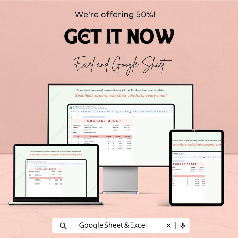 Quickbooks Purchase Order Template | Fillable PO Form in Excel & Google Sheets | Editable ...