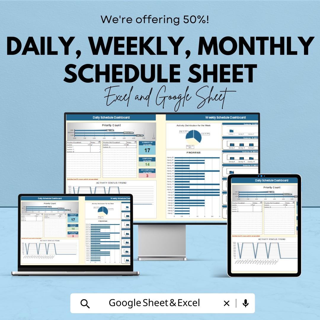 Daily, Weekly, Monthly Schedule Template - Excel & Google Sheet ...
