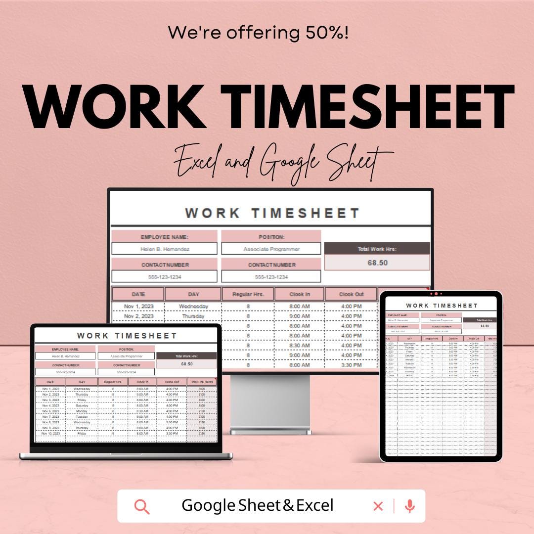 Work Timesheet Sheet for Employee Hours | Track Work Hours, Overtime ...