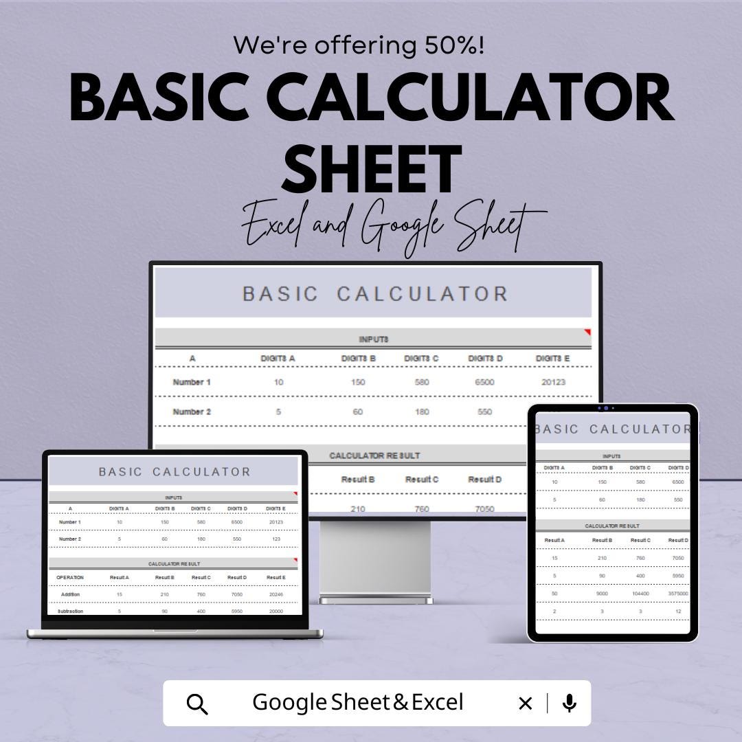 Basic Calculator Sheet for Excel and Google Sheets | Financial & Math ...