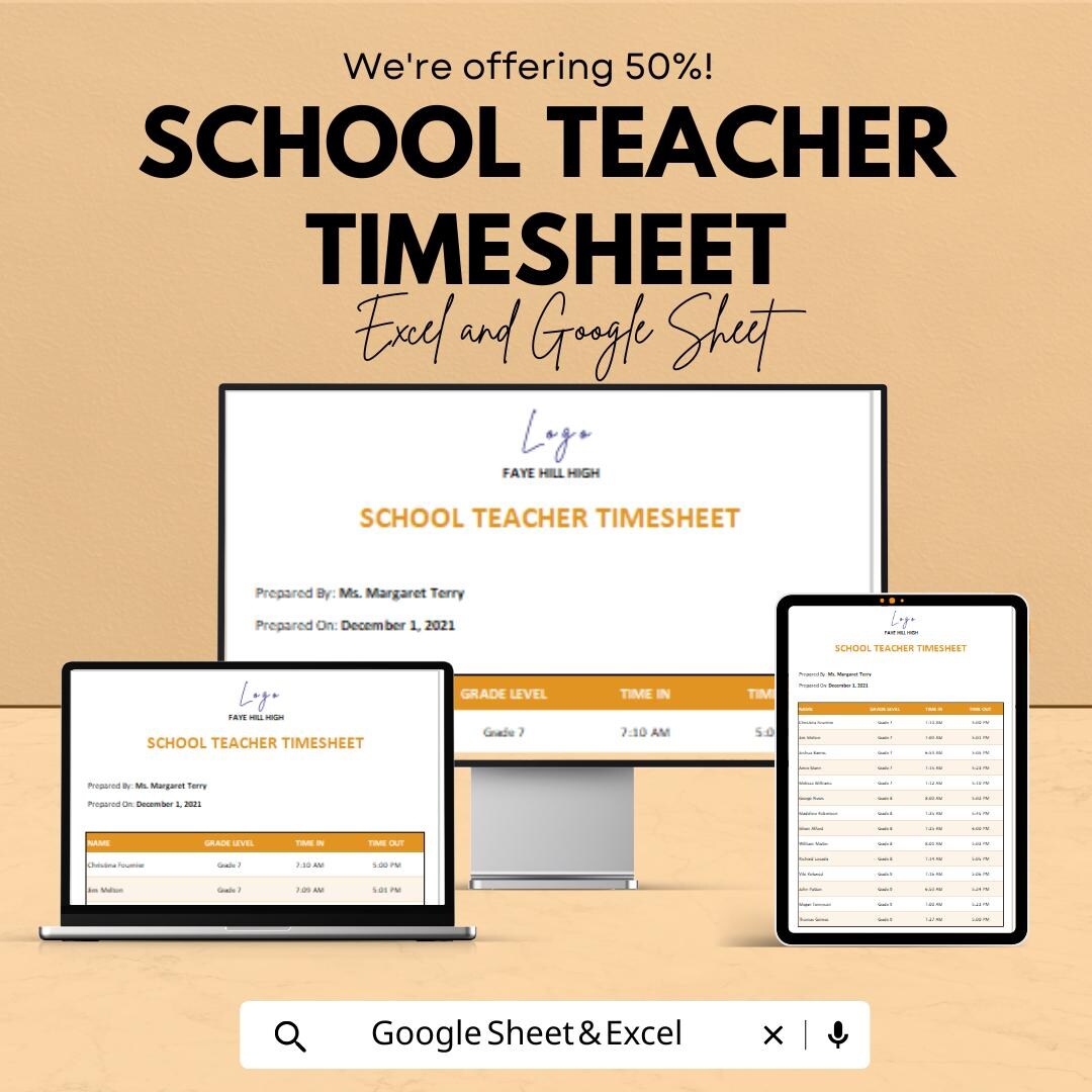 School Teacher Timesheet Template - Excel & Google Sheets - Teacher ...