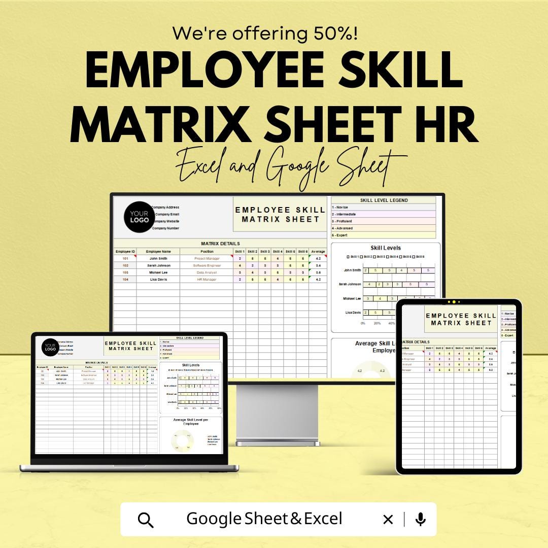 Employee Skill Matrix Sheet HR Template - Excel & Google Sheets, Track ...