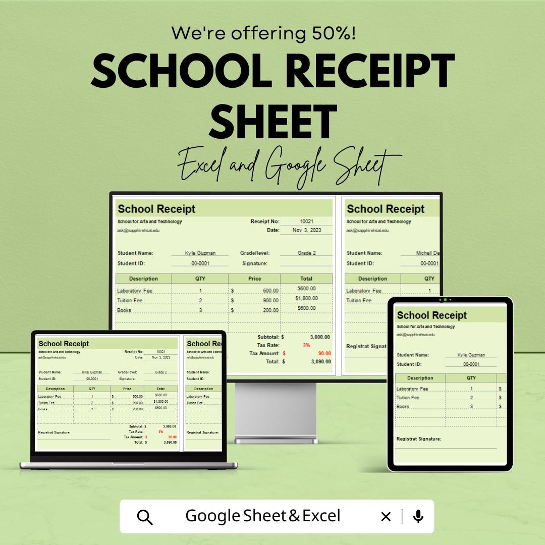School Receipt Sheet - Excel & Google Sheets Template | Customizable ...