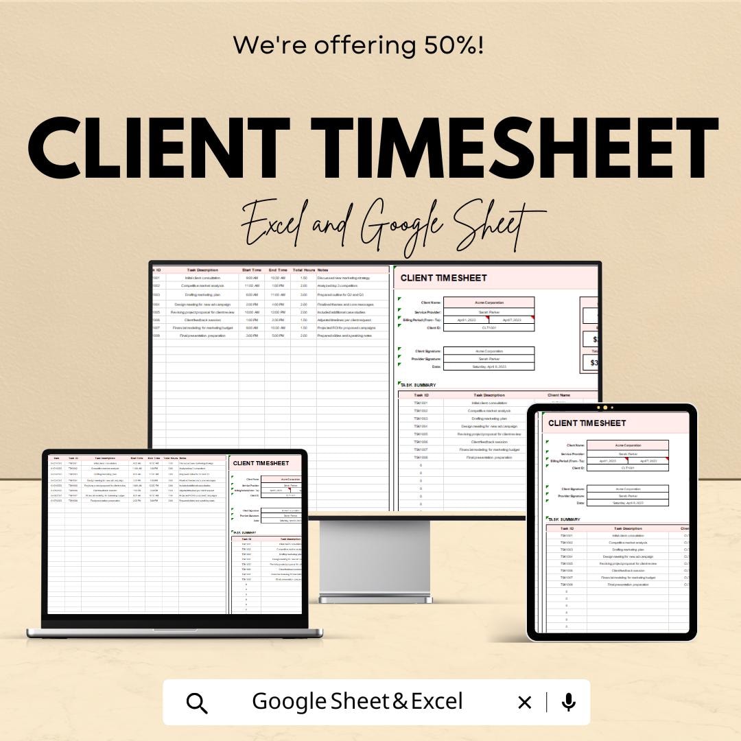 Client Timesheet Template - Excel & Google Sheets for Accurate Work ...