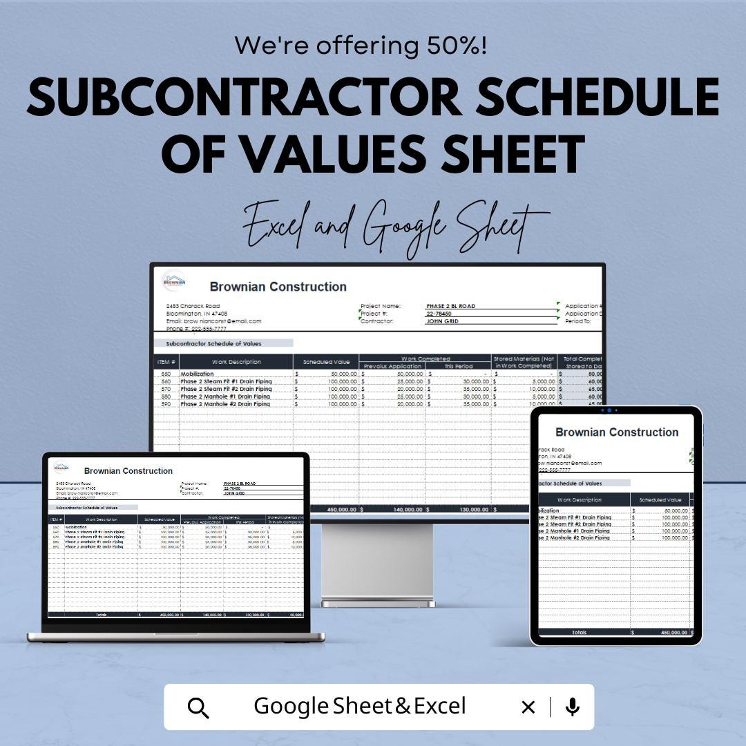 Subcontractor Schedule of Values Sheet | Excel & Google Sheet ...