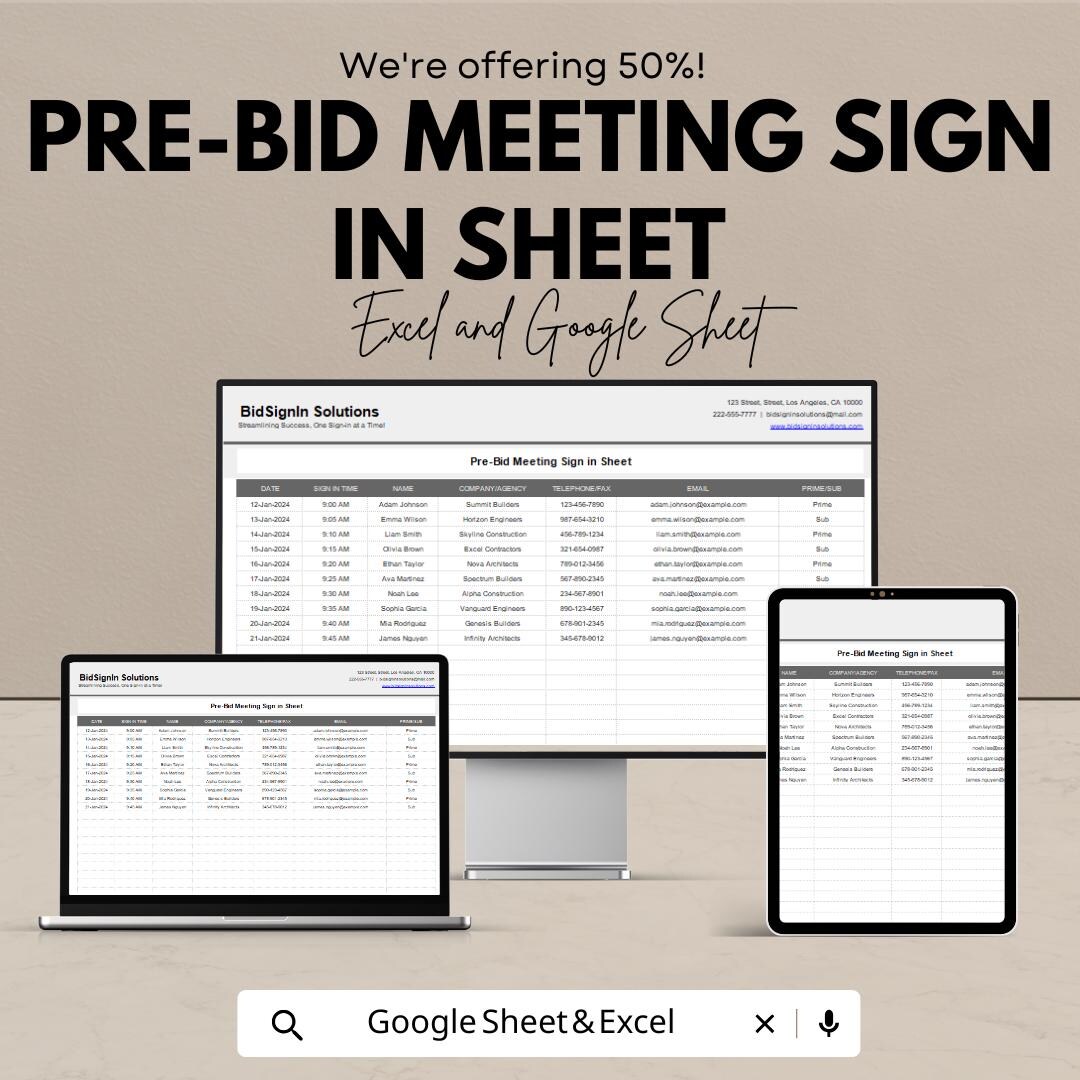 Pre-bid Meeting Sign-in Sheet | Excel and Google Sheet | Efficient ...