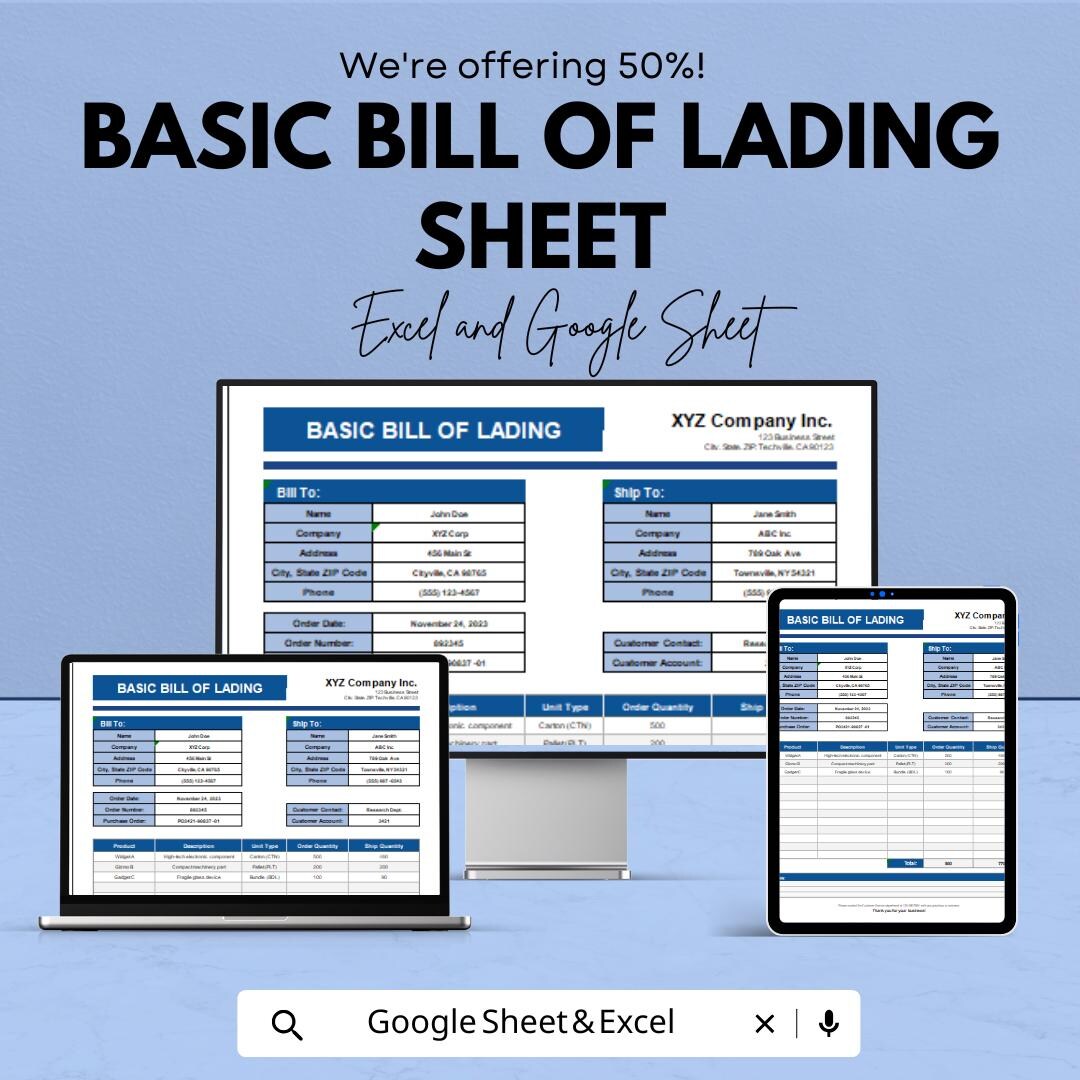 Basic Bill of Lading Template - Excel & Google Sheets, Shipping ...
