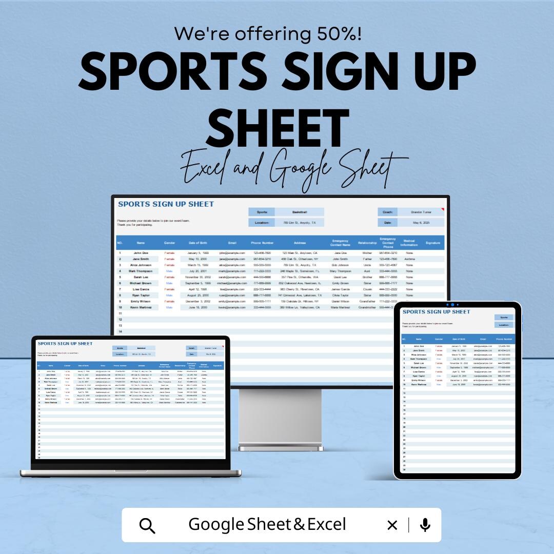 Sports Sign up Sheet – Excel & Google Sheet Template for Event Registration | Customizable ...