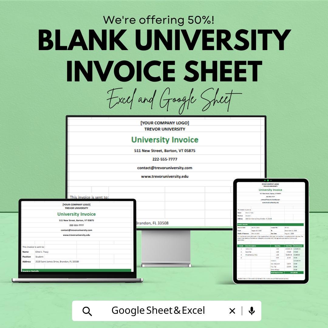 Blank University Invoice Template - Customizable Excel and Google ...