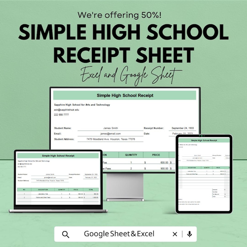 Simple High School Receipt Sheet - Excel & Google Sheets Template ...