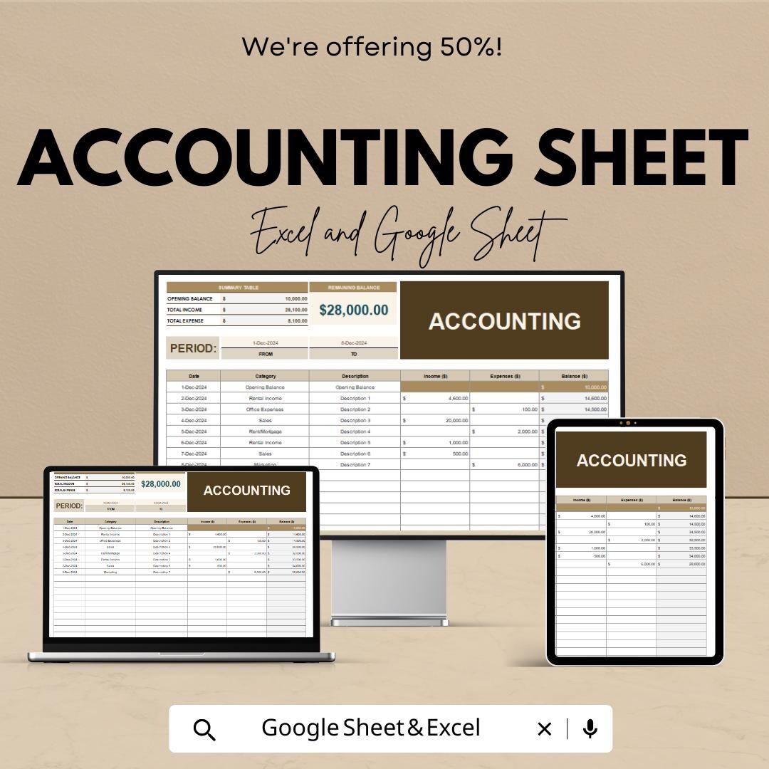 Accounting Sheet – Excel & Google Sheets – Income, Expenses, Balance ...