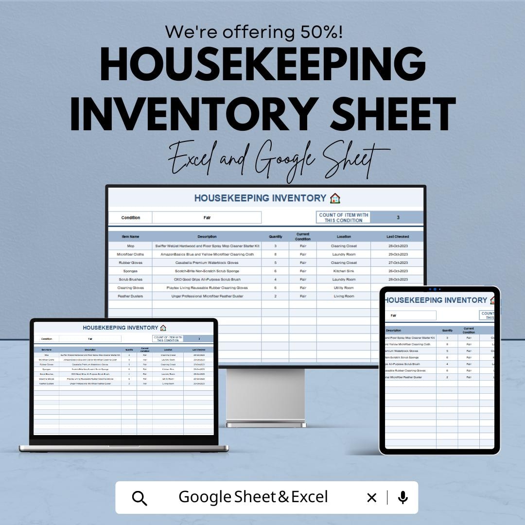 Housekeeping Inventory Sheet | Excel & Google Sheet Template for ...