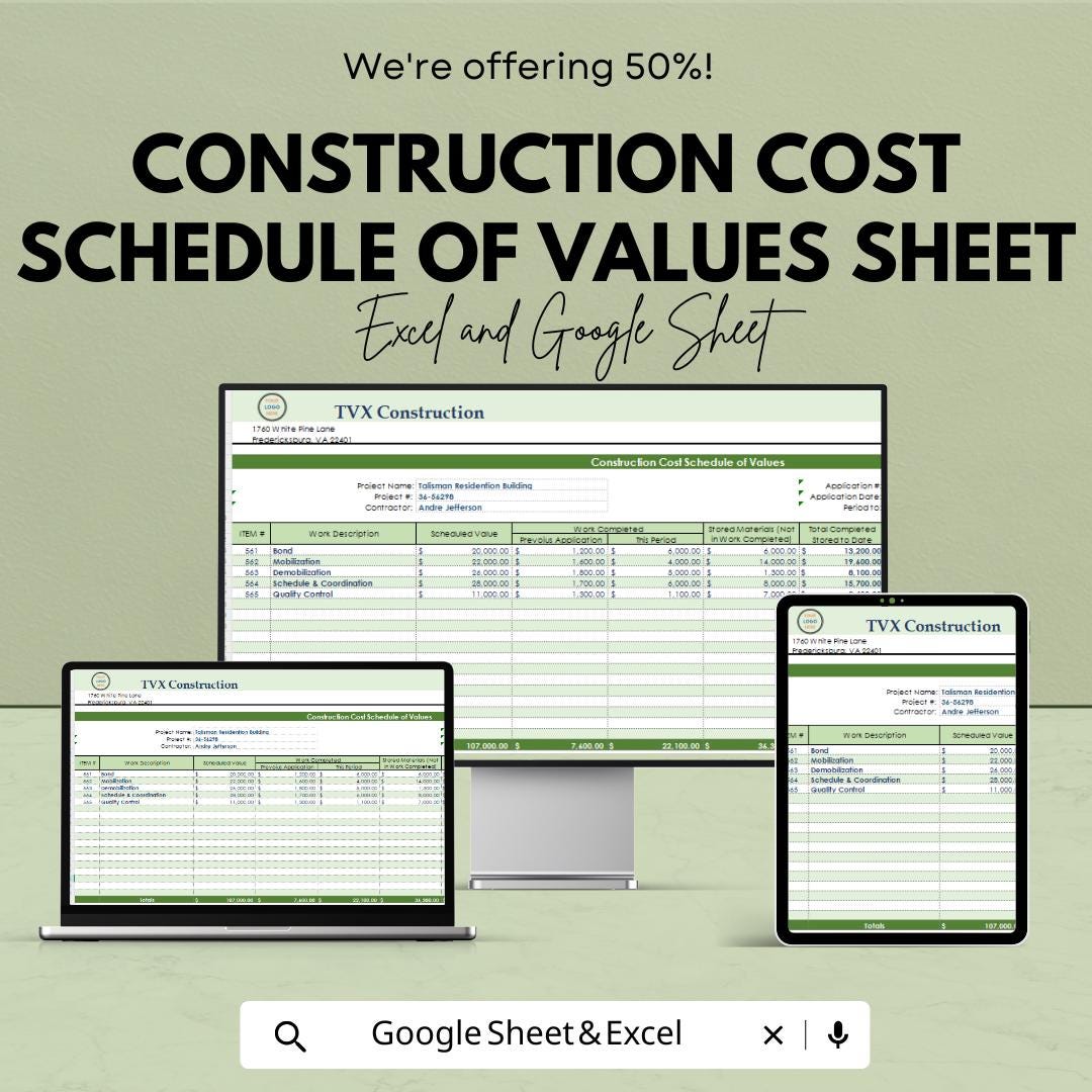 Construction Cost Schedule of Values Sheet | Excel & Google Sheets ...