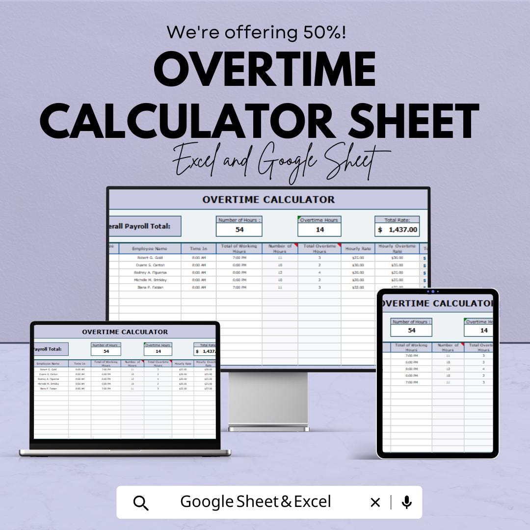 Overtime Calculator Sheet | Excel & Google Sheet Template | Payroll Management Tool | Time ...