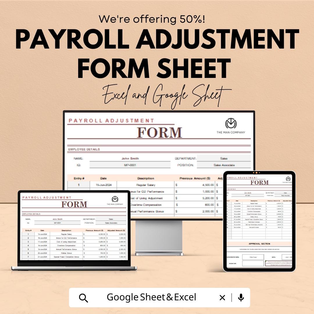 Payroll Adjustment Form | Excel & Google Sheets | Salary Change Tracker ...