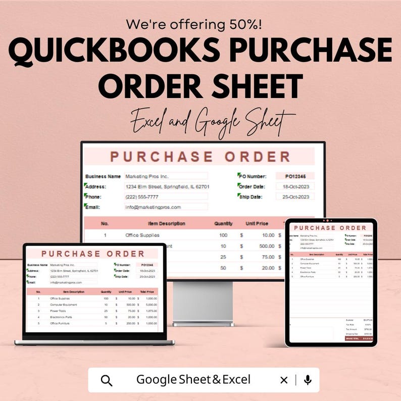 Quickbooks Purchase Order Template | Fillable PO Form in Excel & Google Sheets | Editable ...