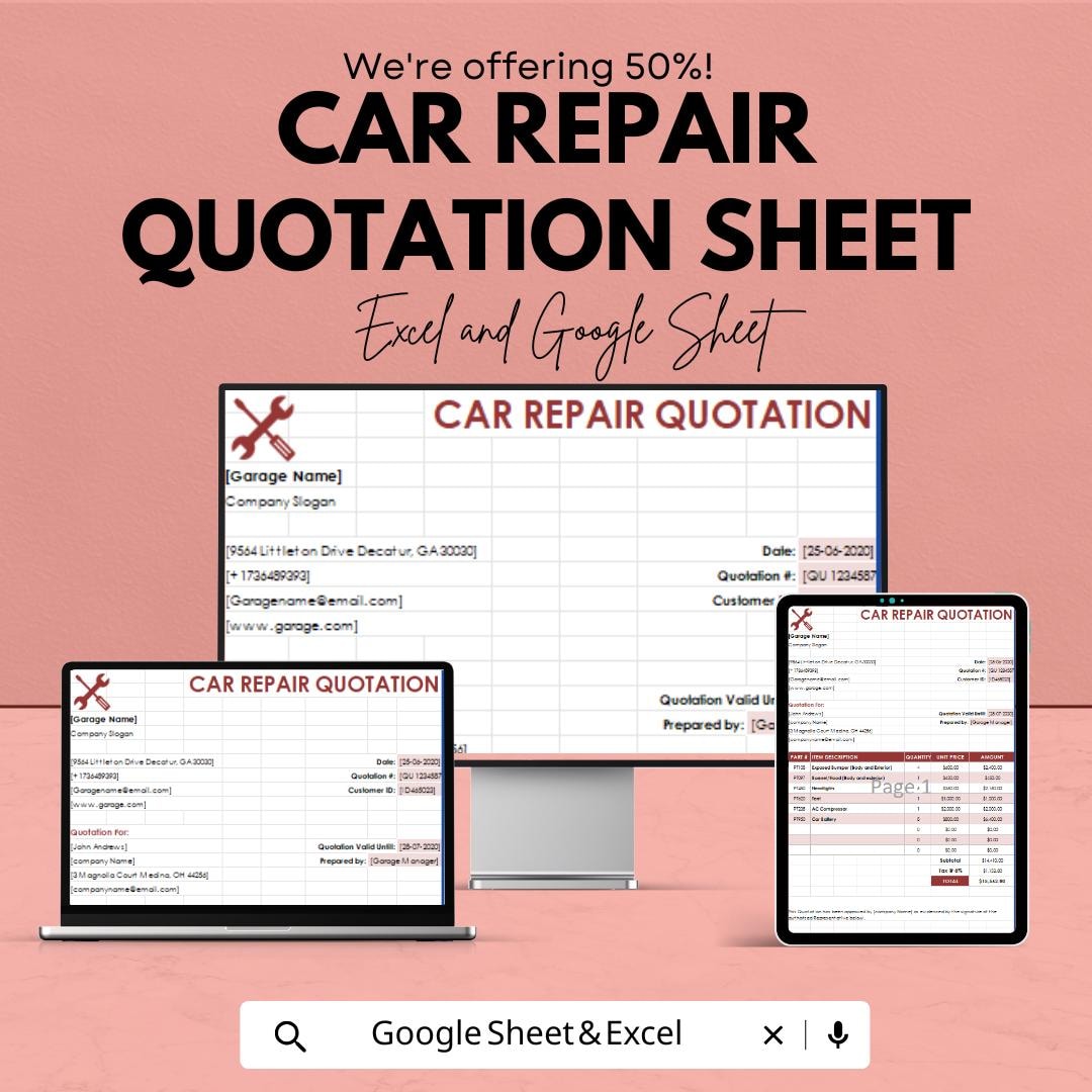 Car Repair Quotation Sheet – Excel & Google Sheets Template for Auto ...