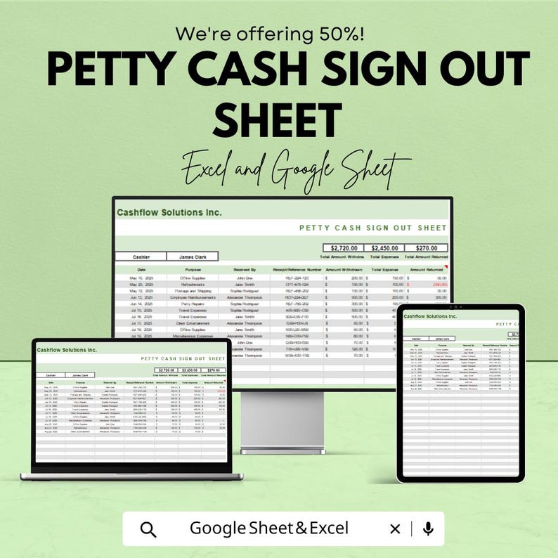 Petty Cash Sign Out Sheet | Google Sheets & Excel Template | Cash Flow ...