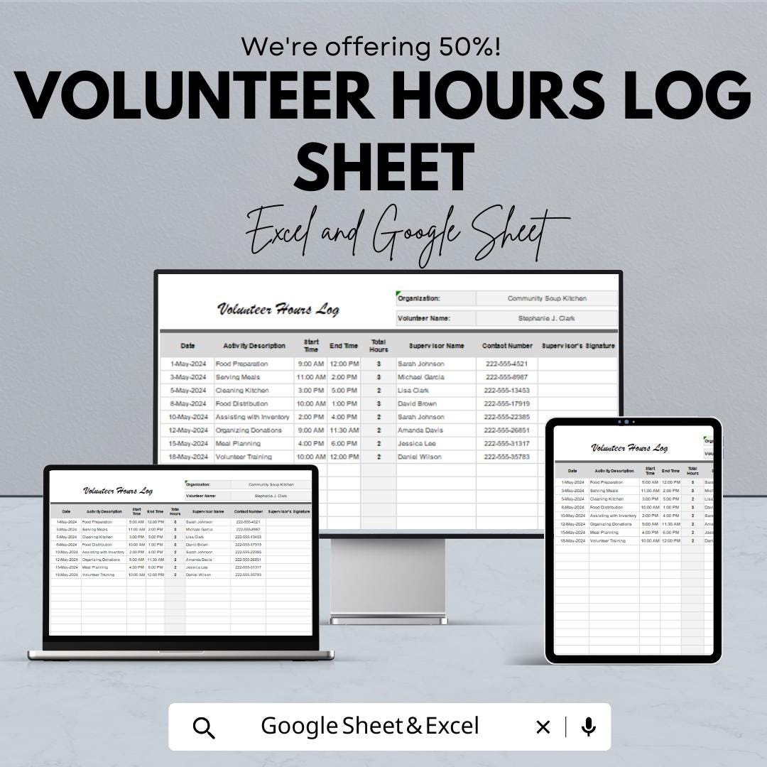Volunteer Hours Log Sheet | Google Sheets and Excel | Track Volunteer ...