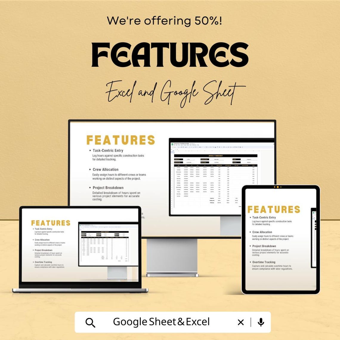 Construction Timesheet Template | Excel & Google Sheet | Track Hours ...
