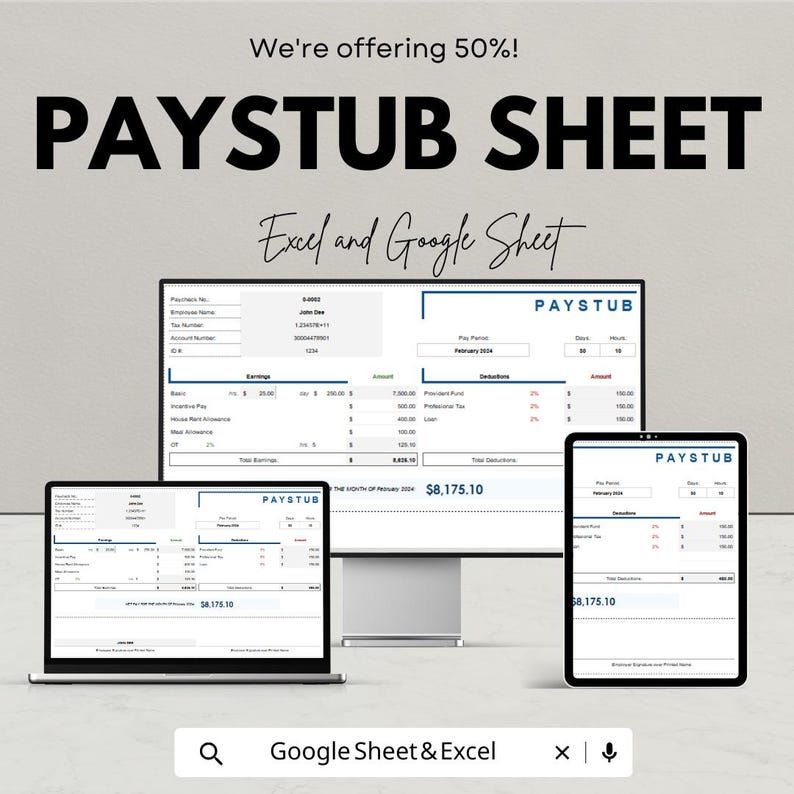 50% off | Paystub Sheet Template for Excel and Google Sheets | Employee ...