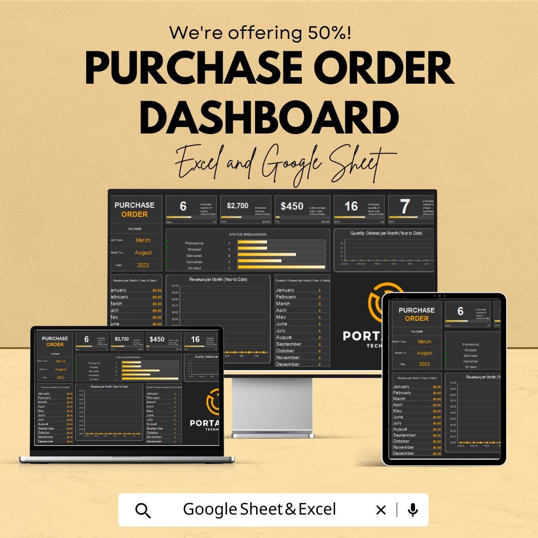 Purchase Order Dashboard | Excel & Google Sheets Template | Track Orders, Revenue, and Status ...