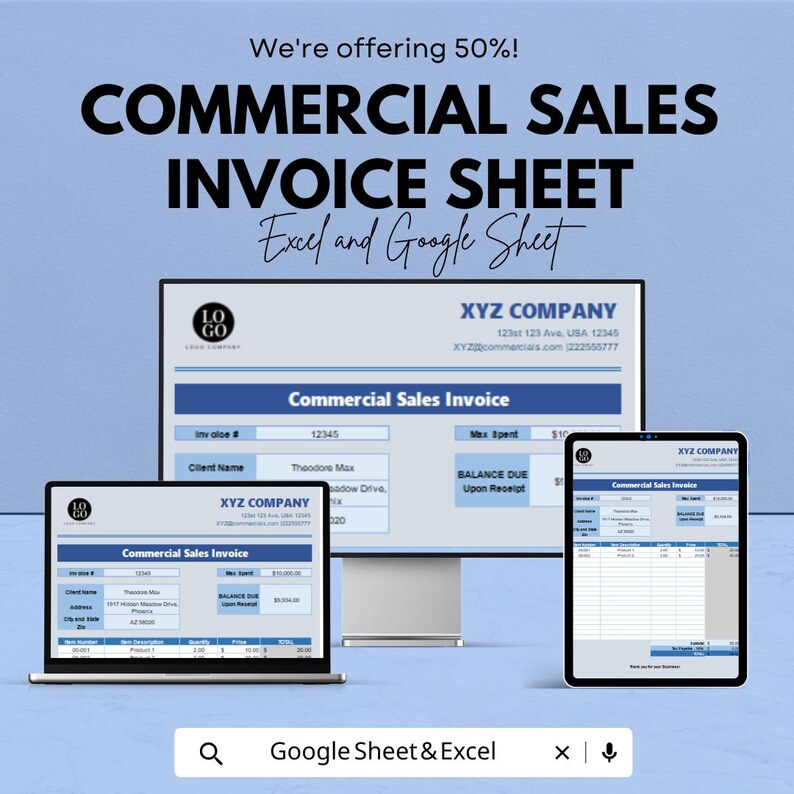 Commercial Sales Invoice Template - Excel & Google Sheet | Customizable ...