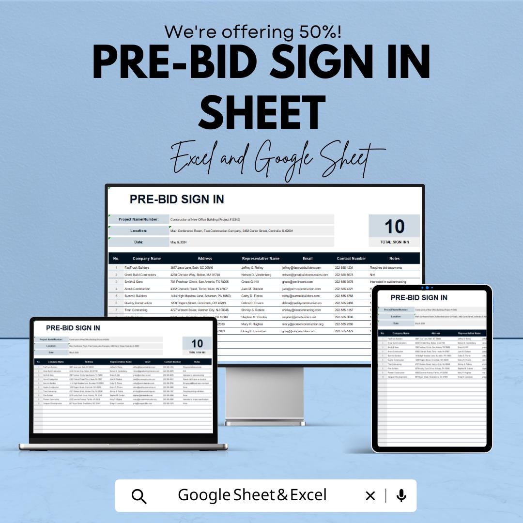 Pre-bid Sign-in Sheet | Excel & Google Sheets Template | Bid Meeting ...