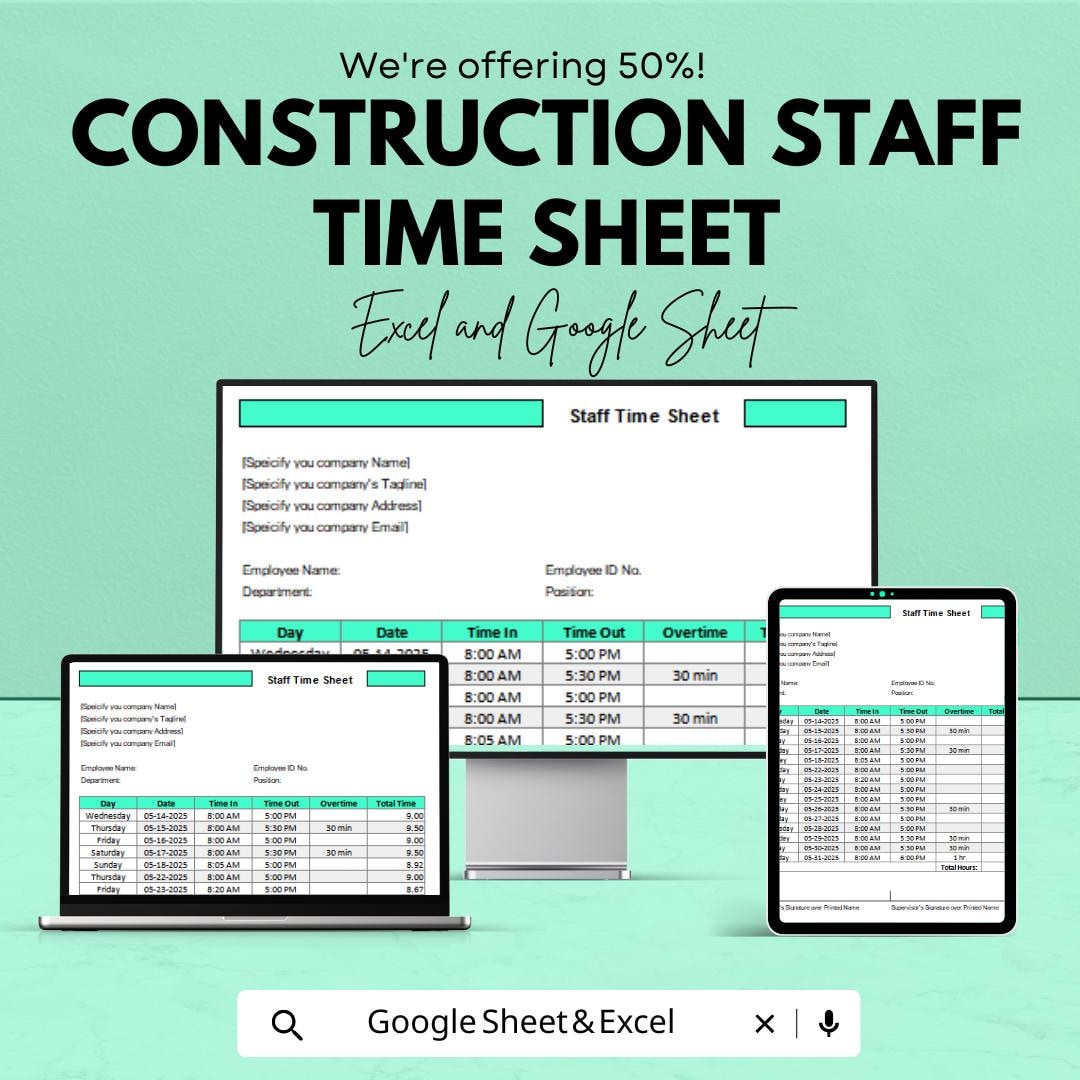Construction Staff Time Sheet Template | Excel & Google Sheets | Track ...