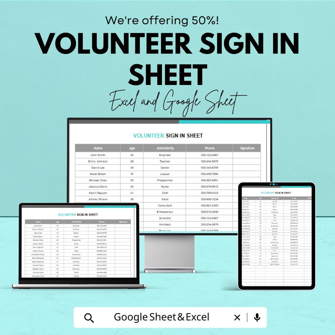 Volunteer Sign-in Sheet | Excel and Google Sheet Template | Track ...