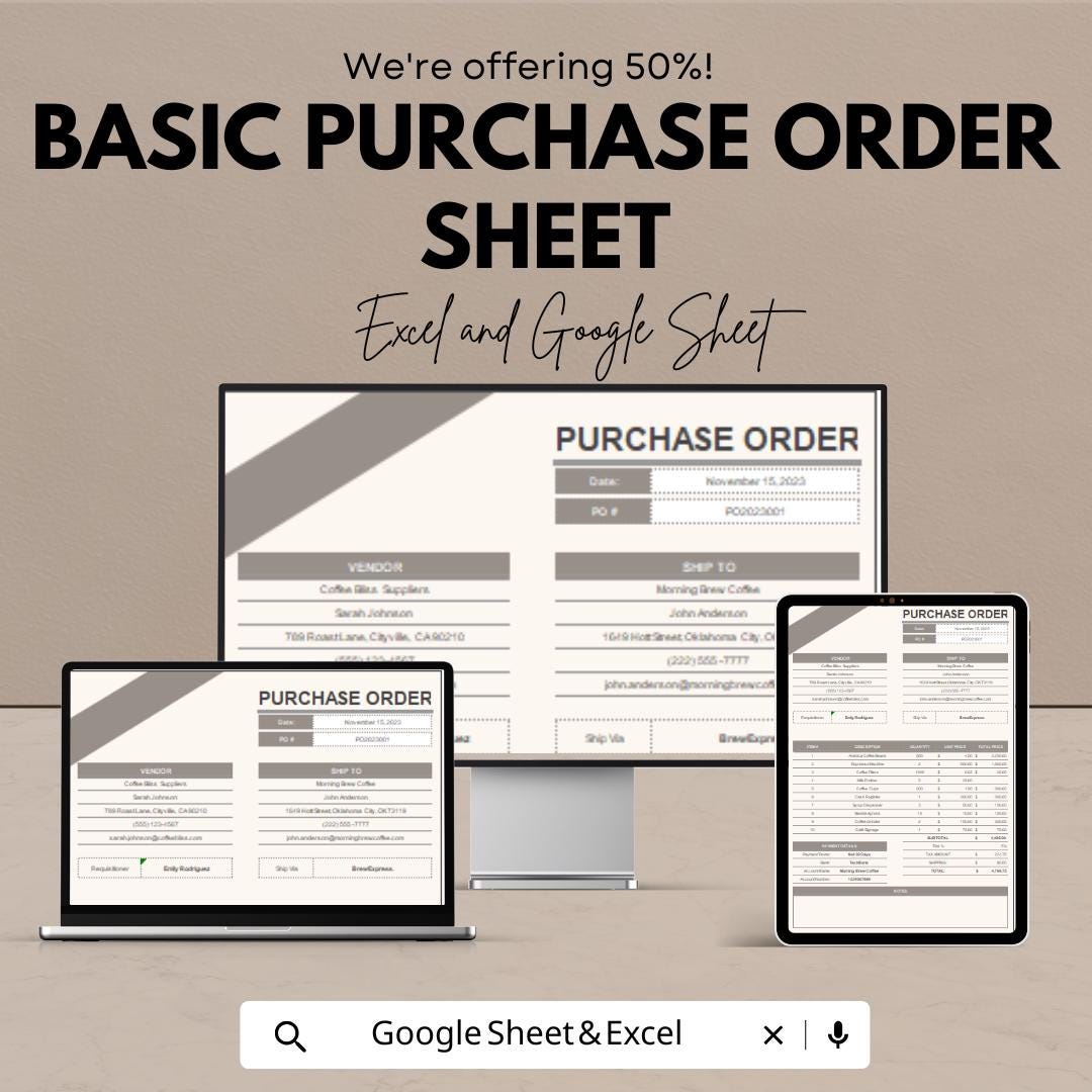 Basic Purchase Order Sheet - Excel & Google Sheets | Simple Ordering ...