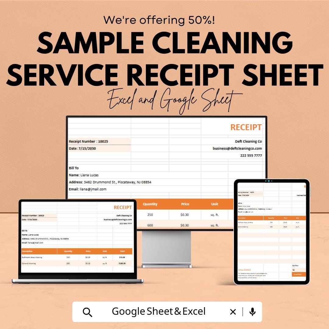 Sample Cleaning Service Receipt Sheet | Printable and Downloadable ...