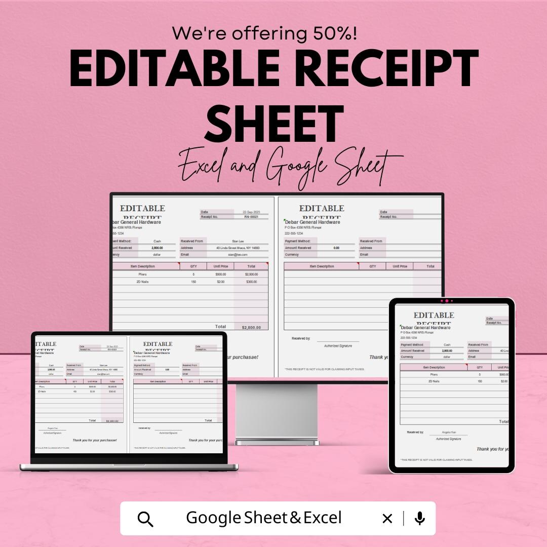Editable Receipt Sheet - Customizable Excel & Google Sheets Template ...
