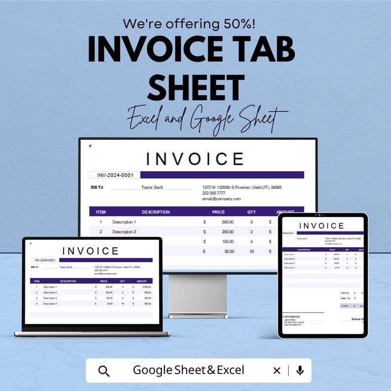Invoice Tab Template - Excel & Google Sheets - Simple, Customizable ...