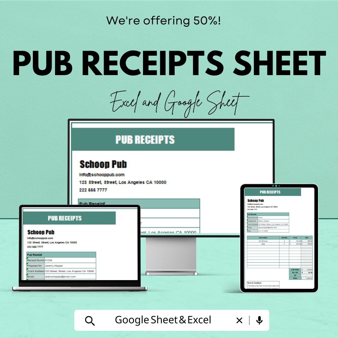 Pub Receipts Sheet Template - Excel & Google Sheet for Easy Financial ...