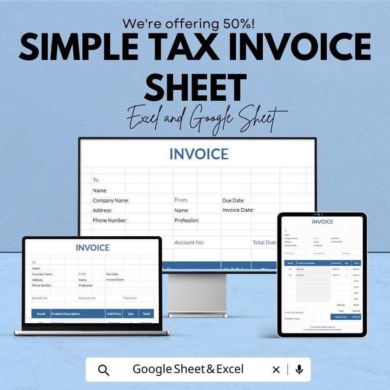 Simple Tax Invoice Sheet | Excel & Google Sheets Template | Easy-to-use ...