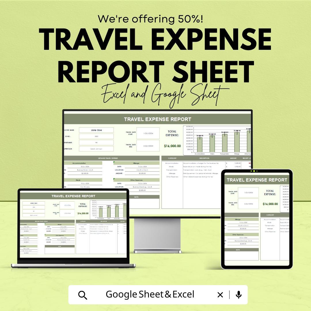 Travel Expense Report Sheet | Excel & Google Sheet | Business Travel ...