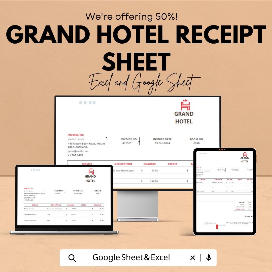 Grand Hotel Receipt Template | Editable Invoice Sheet for Hotels ...