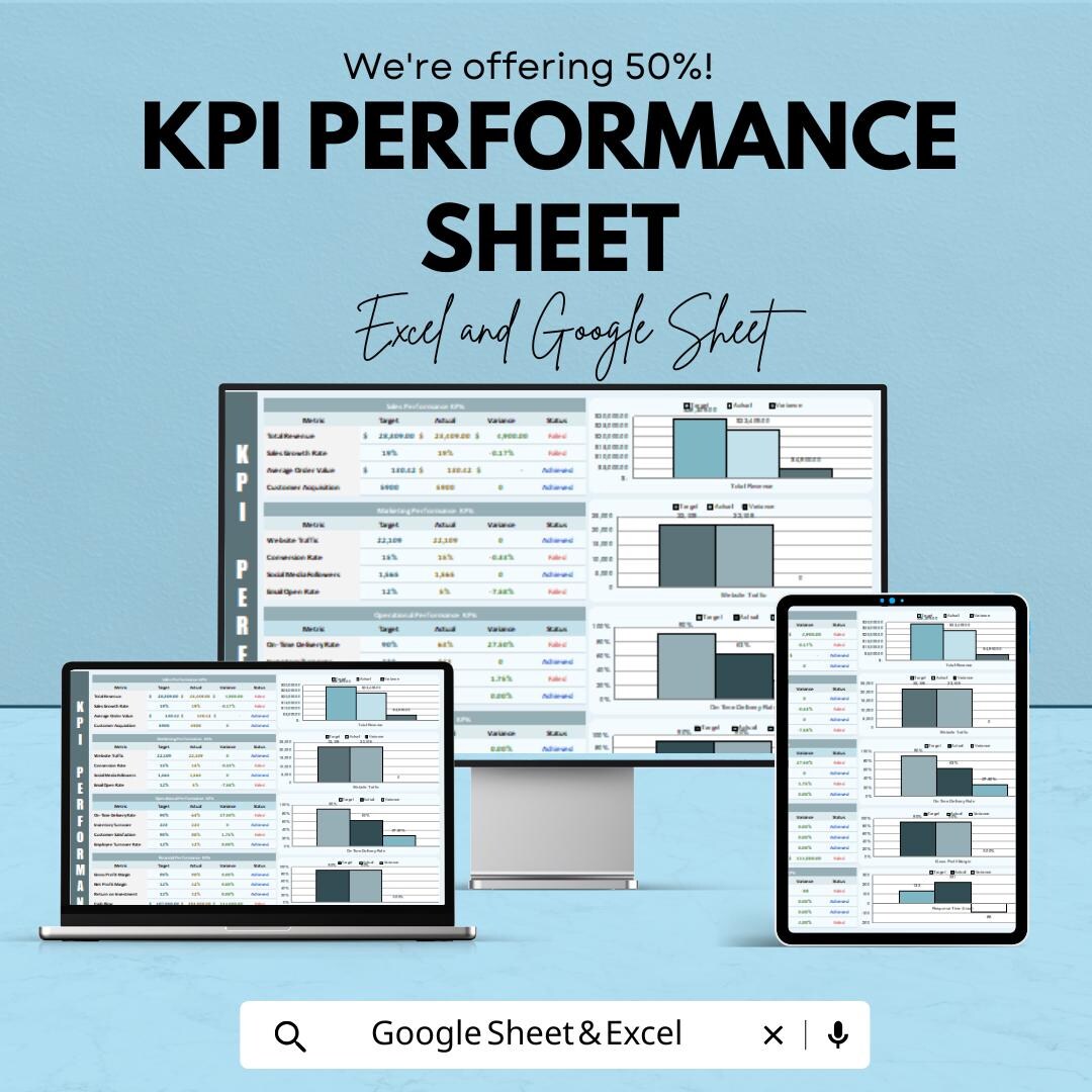 KPI Performance Sheet | Excel & Google Sheets Dashboard for Tracking ...