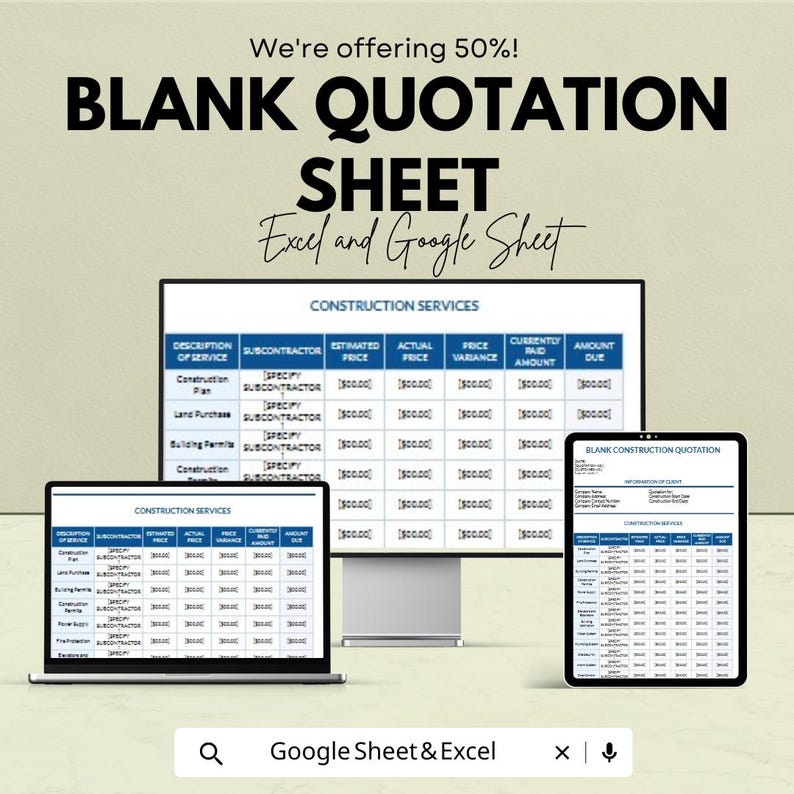 Blank Quotation Sheet – Customizable Excel and Google Sheets Template ...