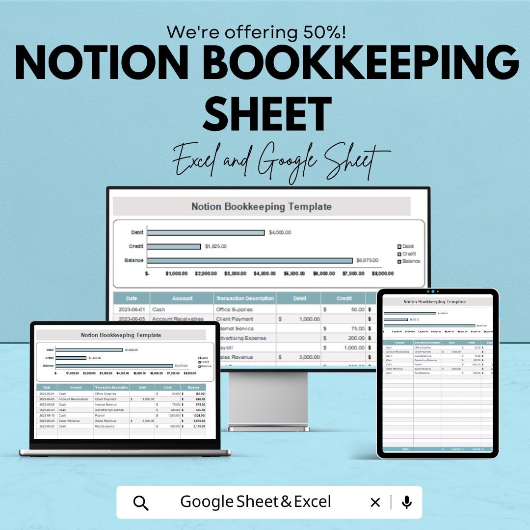 Notion Bookkeeping Sheet | Excel and Google Sheets Template | Business ...