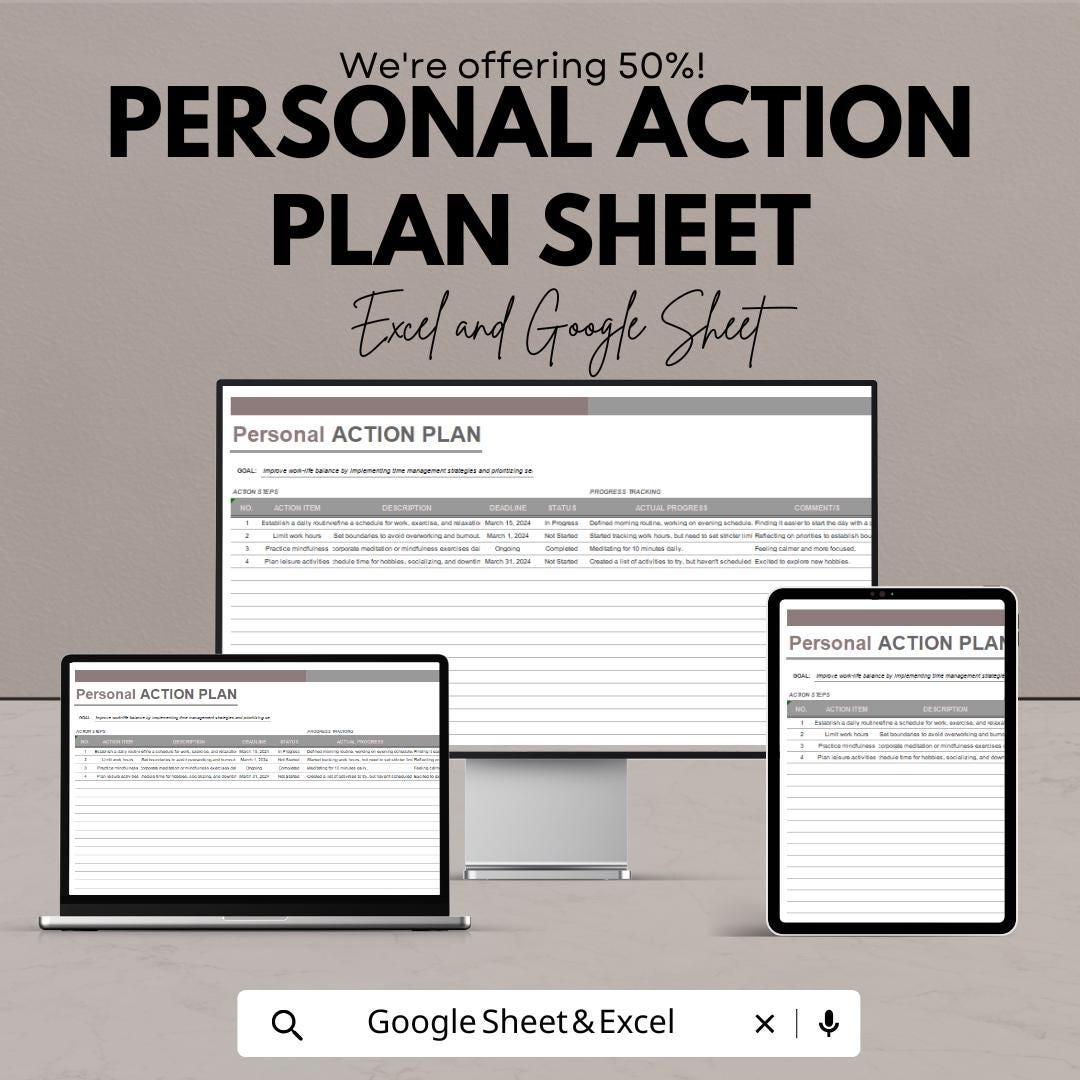 Personal Action Plan Sheet | Goal Setting Template | Excel and Google ...