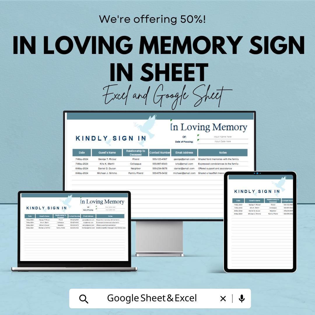 In Loving Memory Sign-in Sheet – Excel and Google Sheet Template ...
