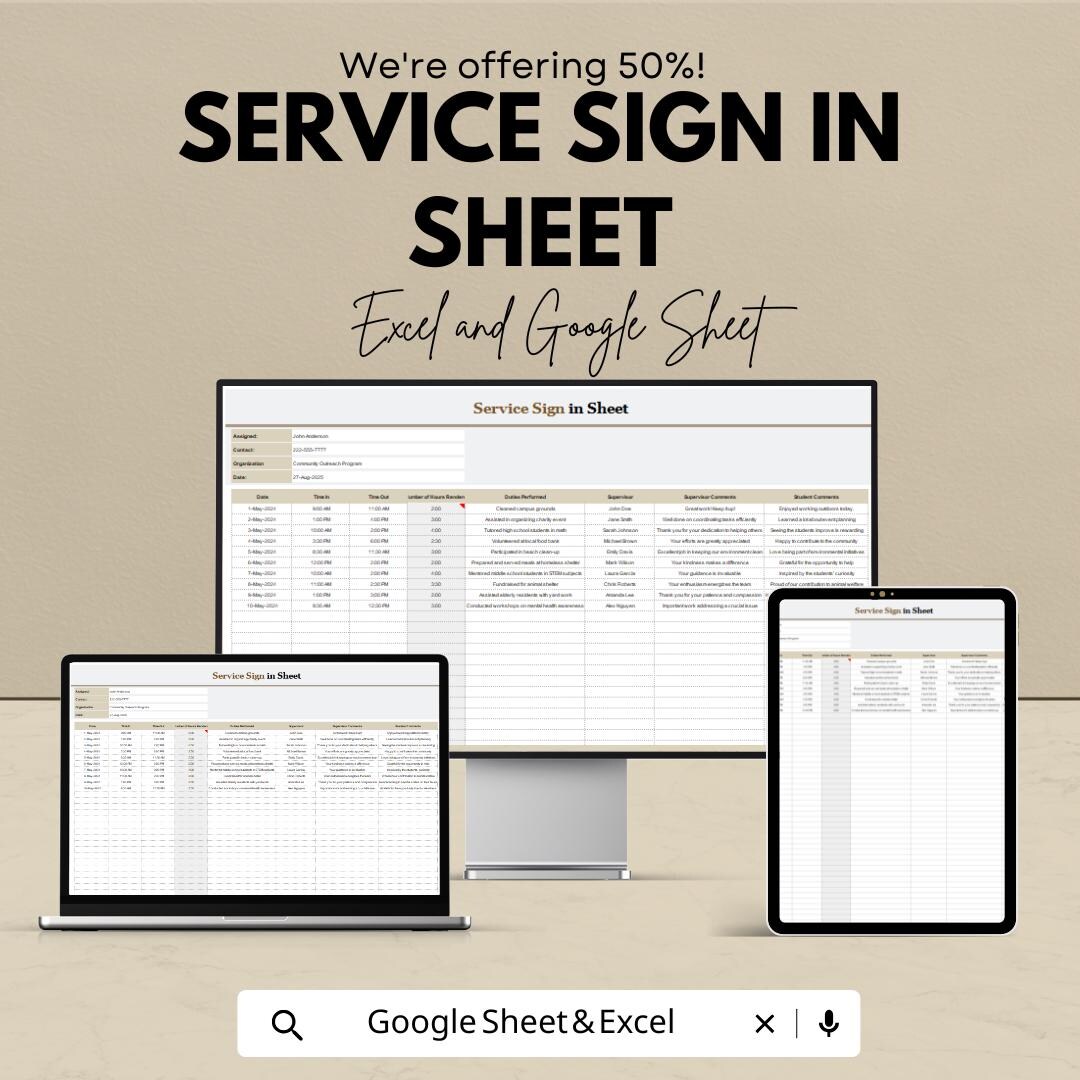 Service Sign in Sheet - Excel and Google Sheets Template | Track ...