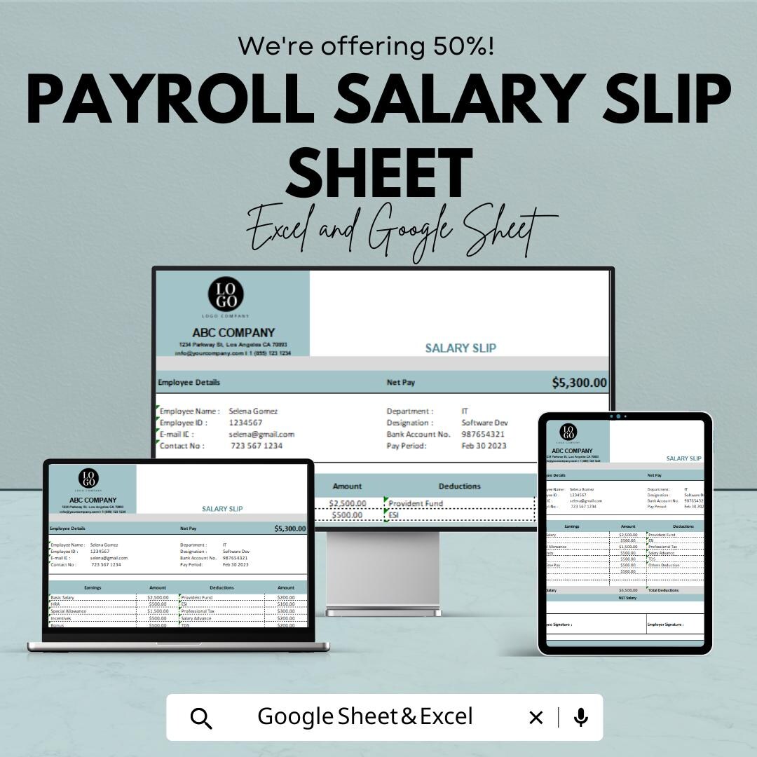 Payroll Salary Slip Sheet Template - Excel & Google Sheets - Employee ...