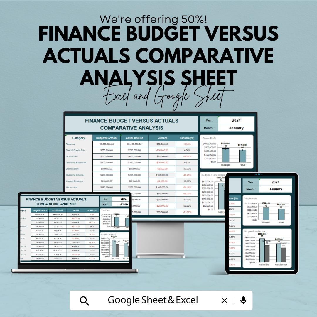 Finance Budget Vs Actuals Comparative Analysis Sheet - Excel and Google ...