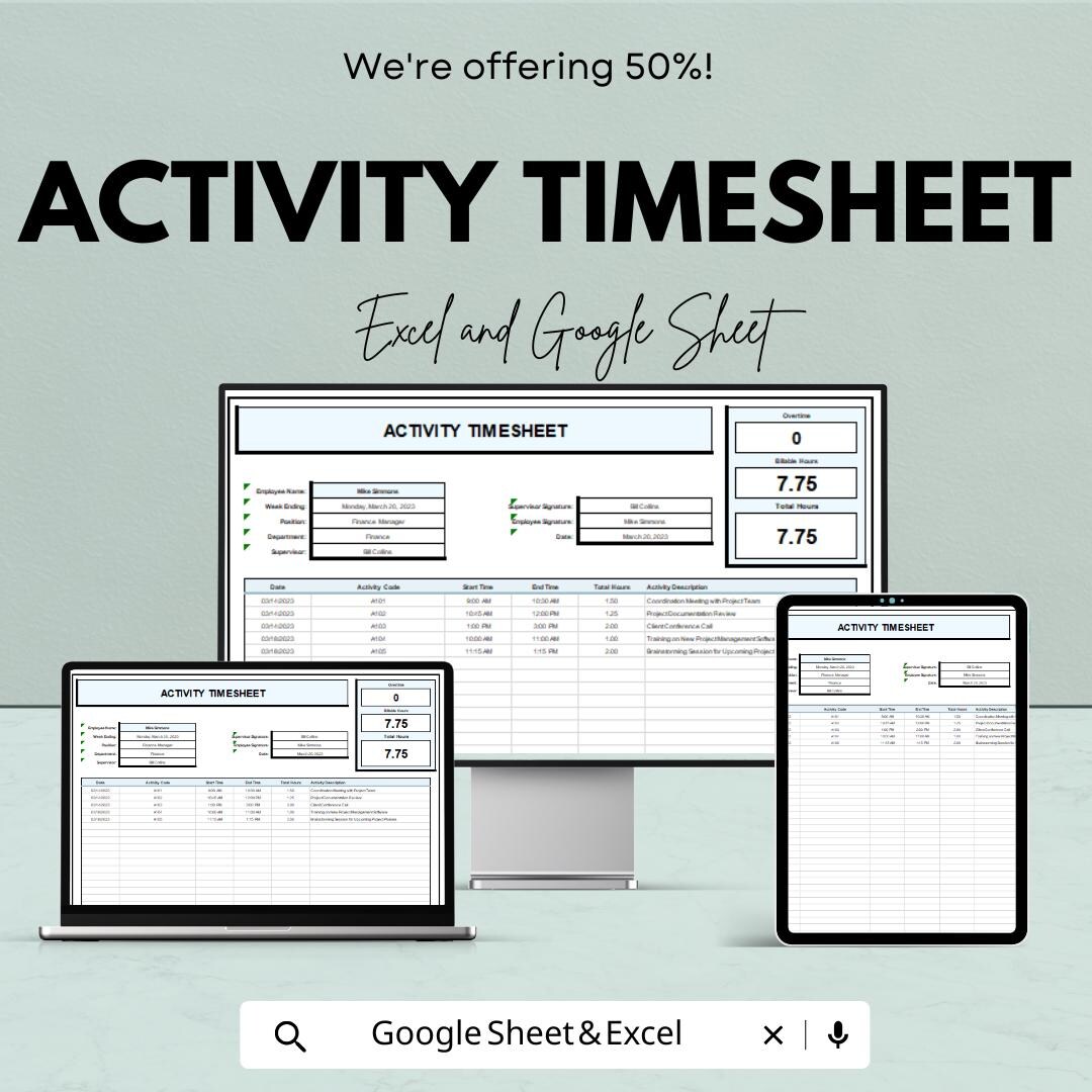 Activity Timesheet Template - Google Sheets, Track Work Hours, Employee ...